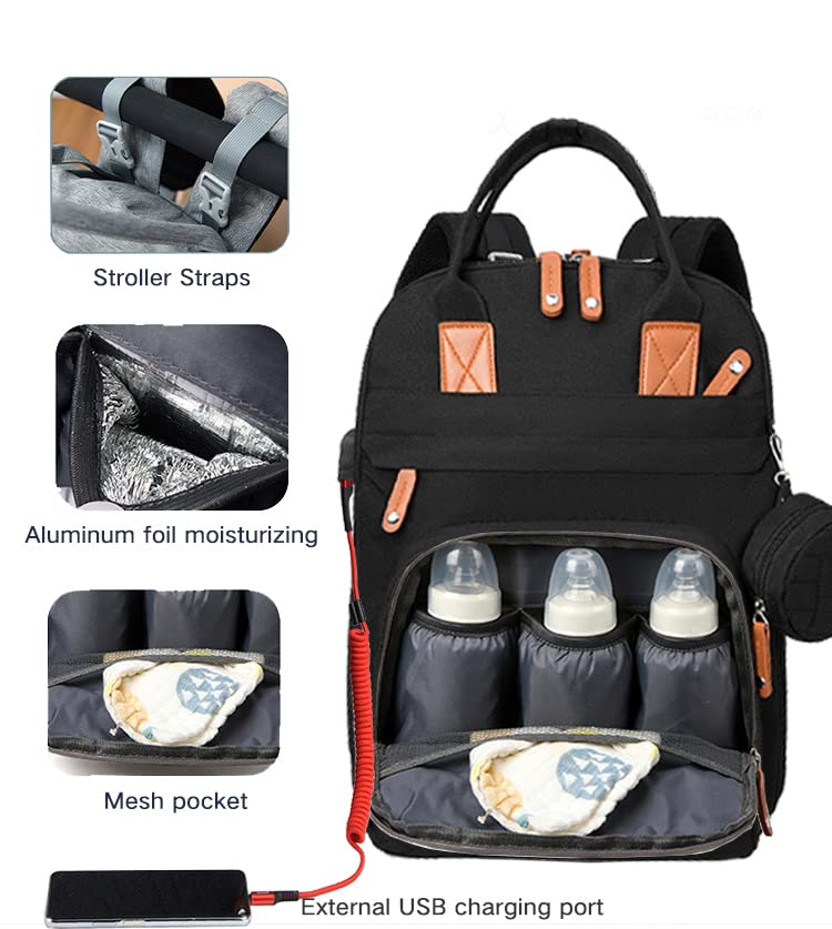 UISKOOPW Diaper Backpack, Baby Nappy Waterproof Changing Bags Travel BackPack with Changing Pad & Stroller Straps (Black)