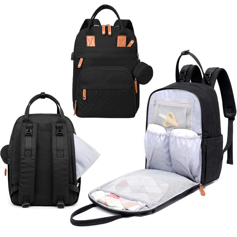 UISKOOPW Diaper Backpack, Baby Nappy Waterproof Changing Bags Travel BackPack with Changing Pad & Stroller Straps (Black)