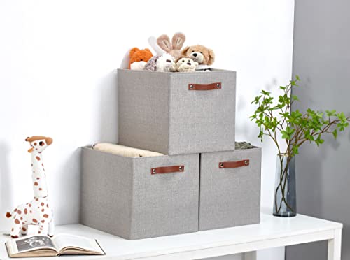 DECOMOMO Cubby Storage Bins | 13x15x13inch Fabric Storage Cubes for Kallax Shelves Cloth Nursery Decorative with Handles (Grey, Kallax - 15"L X 13"W X 13"H - 3P)