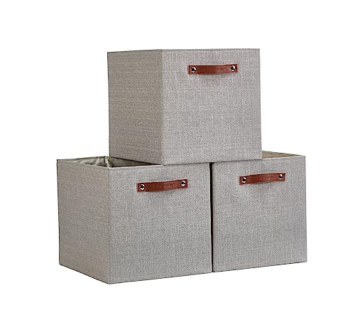 DECOMOMO Cubby Storage Bins | 13x15x13inch Fabric Storage Cubes for Kallax Shelves Cloth Nursery Decorative with Handles (Grey, Kallax - 15"L X 13"W X 13"H - 3P)