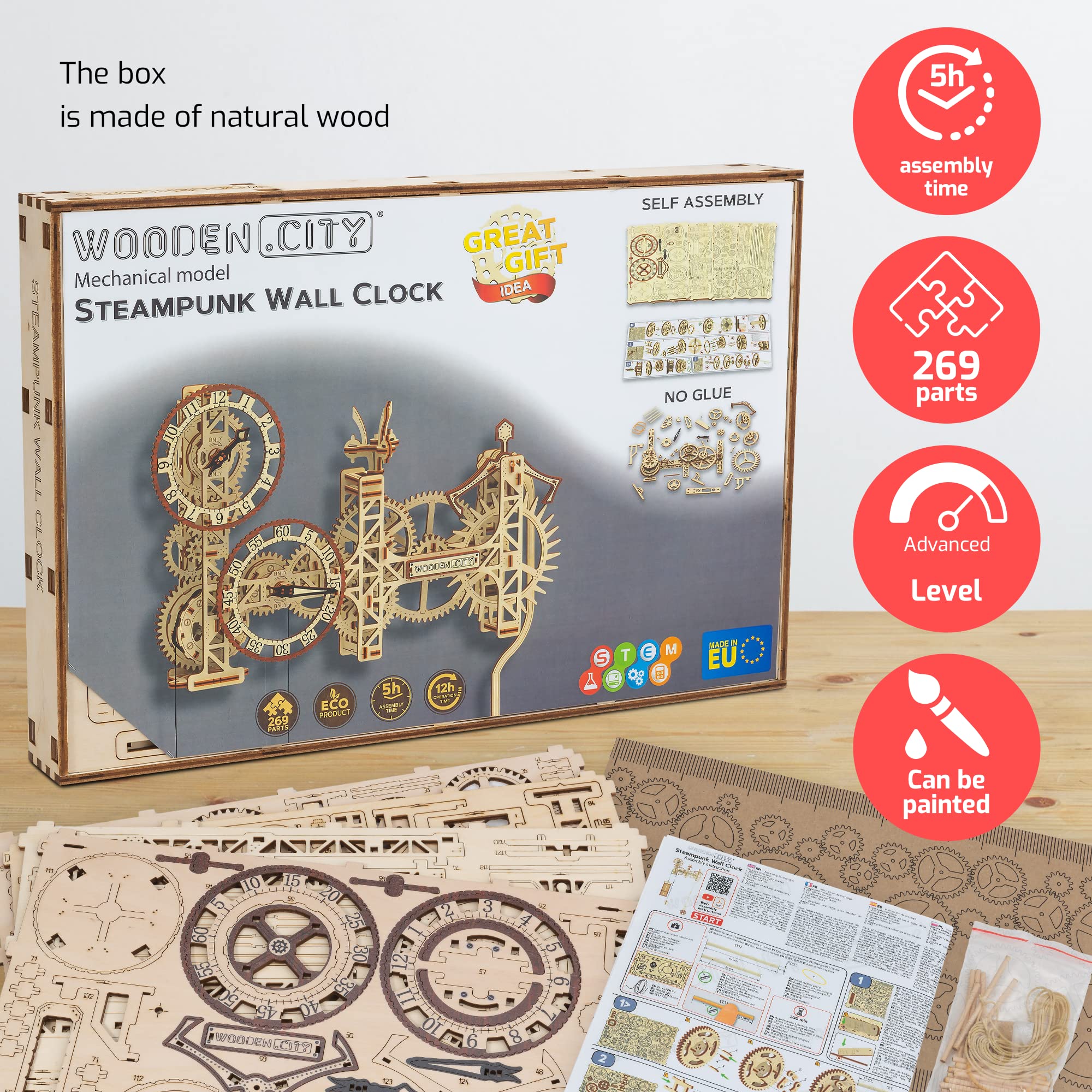 WOODEN.CITY 3D Puzzles for Adults - Steampunk Mechanical 3D Clock Puzzle - Making Kit - Wooden Clock Puzzle Model Kits for Adults - Wall Clock Decorative