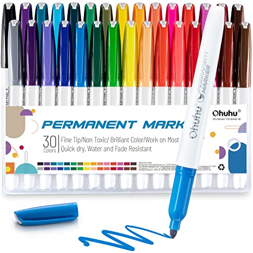 Ohuhu Permanent Markers 30 Pack, Fine Point Tip Permanent Markers 30 Assorted Colored Marker Pens Work Well on Paper Plastic Metal Wood Stone Glass Ceramics For Adult Coloring DIY Drawing