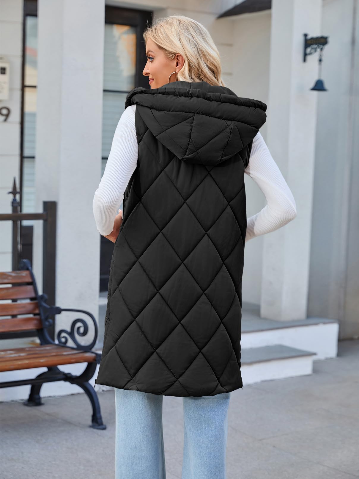 MEROKEETY Womens Hooded Long Padded Vest Coats Quilted Sleeveless Warm Outerwear with Pockets, Black, XL