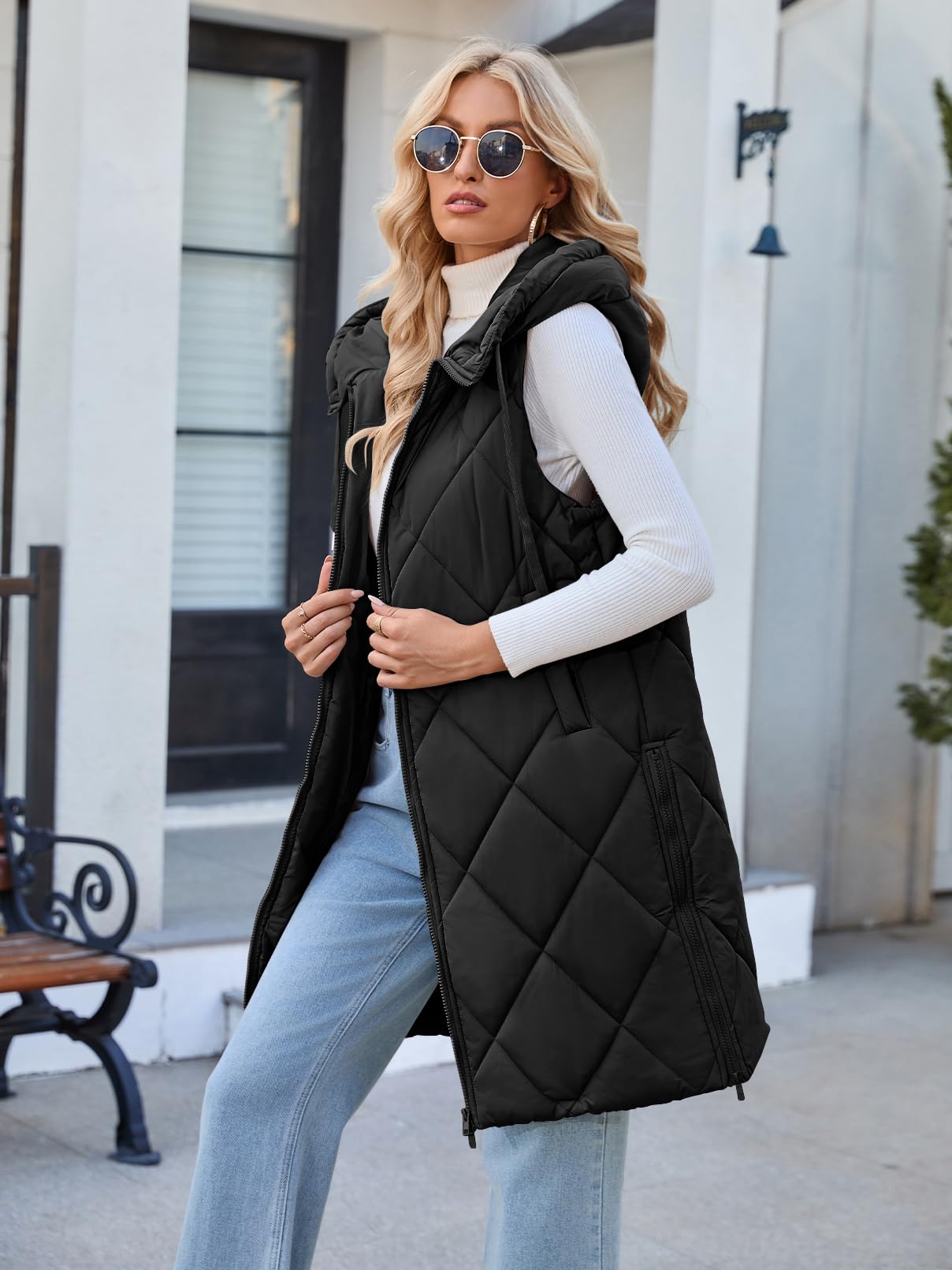 MEROKEETY Womens Hooded Long Padded Vest Coats Quilted Sleeveless Warm Outerwear with Pockets, Black, XL