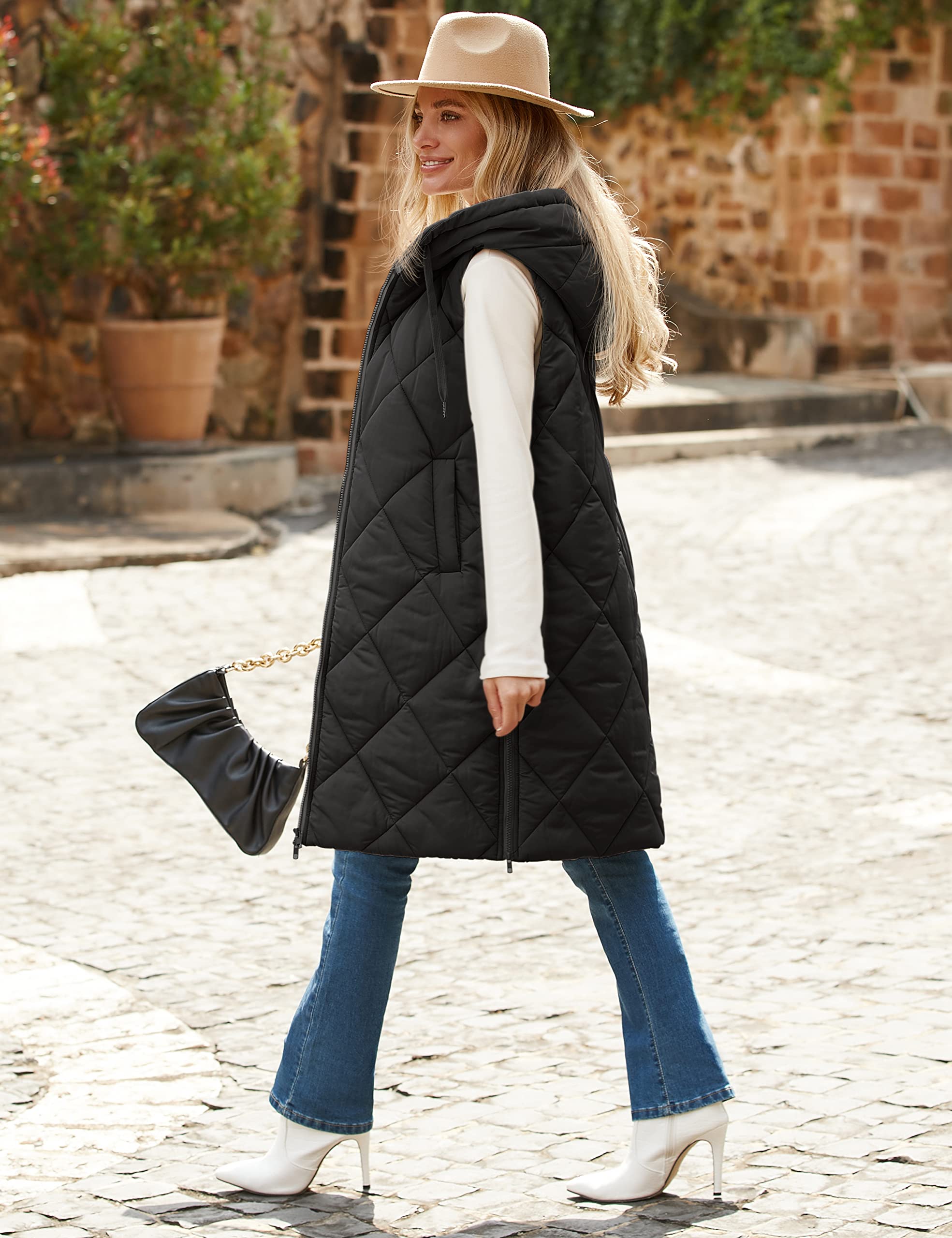 MEROKEETY Womens Hooded Long Padded Vest Coats Quilted Sleeveless Warm Outerwear with Pockets, Black, XL