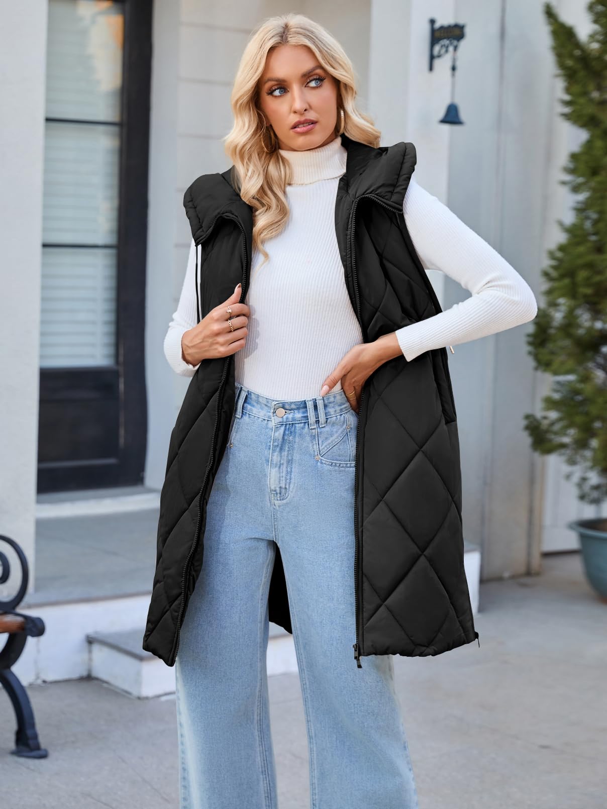 MEROKEETY Womens Hooded Long Padded Vest Coats Quilted Sleeveless Warm Outerwear with Pockets, Black, XL