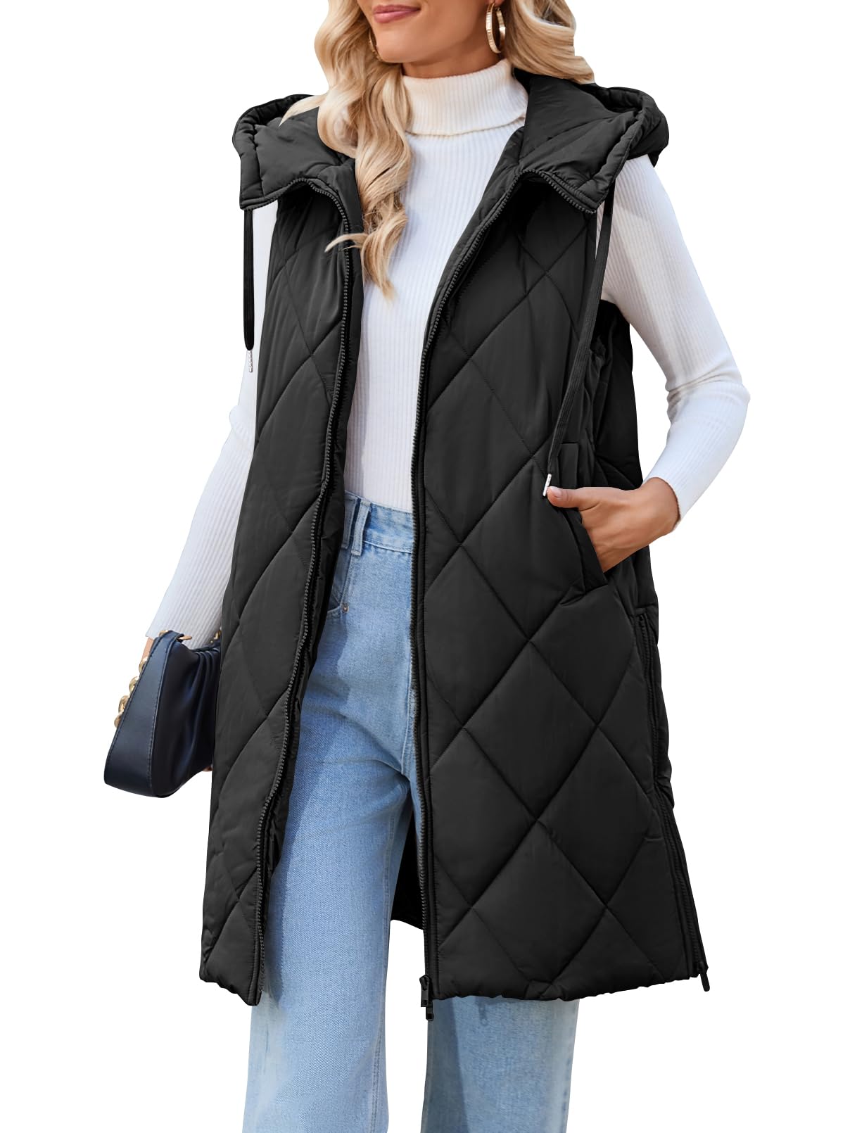 MEROKEETY Womens Hooded Long Padded Vest Coats Quilted Sleeveless Warm Outerwear with Pockets, Black, XL