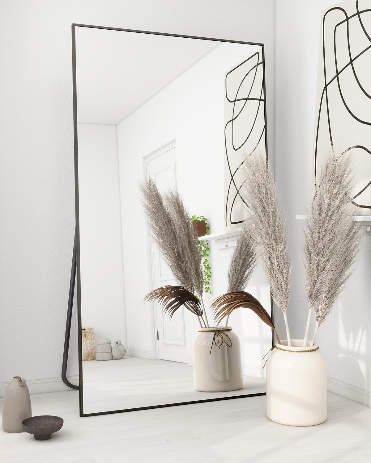 Koonmi Large Mirror Full Length 34"x76", Floor Body Mirror with Stand, Metal Frame Wall-Mounted Vanity Mirror, Hanging Leaning or Standing, Black