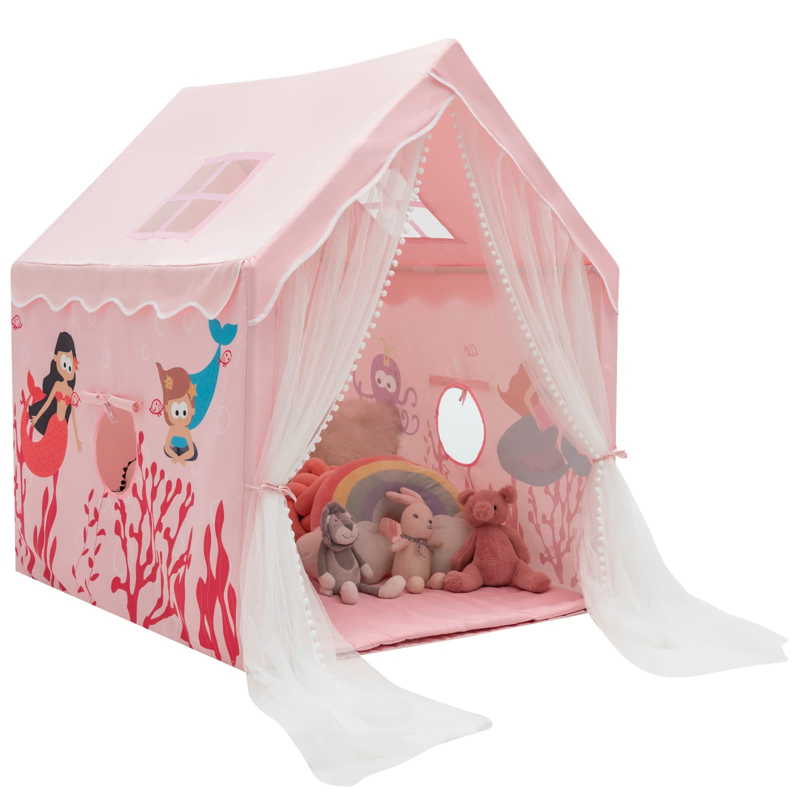 Costzon Kids Tent with Padded Cotton Mat, Large Playhouse for Girls w/Longer Mesh Curtain, Solid Frame, Roll-Up Windows, Indoors and Outdoors Princess Tent Castle Playhouse for Toddlers (Pink)