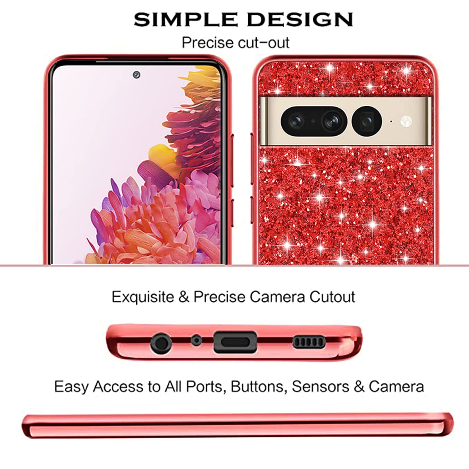 Compatible with Google Pixel 7 Pro Case Glitter Shockproof,Google Pixel 7 Pro Phone Case Bling Sparkly Soft TPU and PC Silicone Shiny Girl Women Thin Protective Cover (Red)