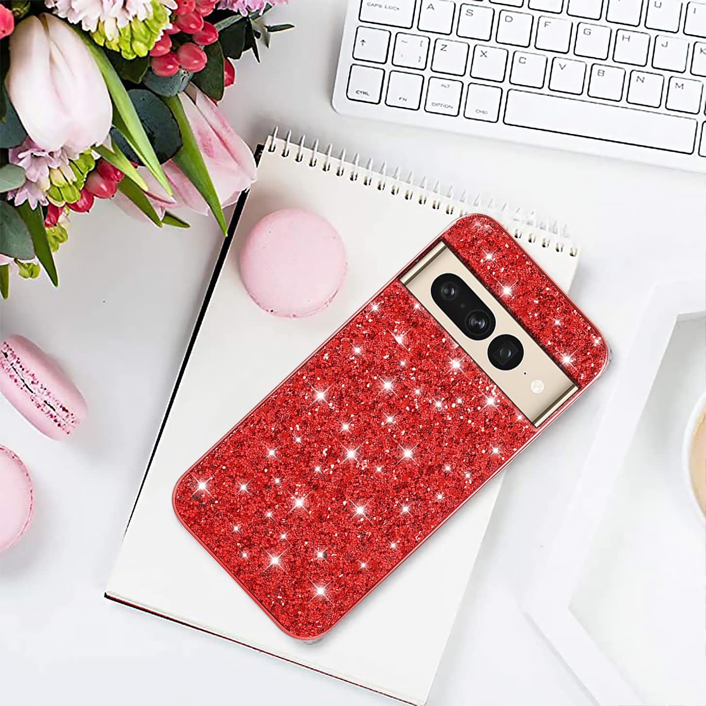 Compatible with Google Pixel 7 Pro Case Glitter Shockproof,Google Pixel 7 Pro Phone Case Bling Sparkly Soft TPU and PC Silicone Shiny Girl Women Thin Protective Cover (Red)