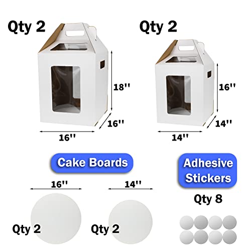 CAKINBOX Tall Cake Boxes with window and Cake Boards in 2 sizes 14x14x16 & 16x16x18 Tall Cake Carrier, Tiered Cake Box, Layer Cake Box, tier cake boxes, large cake box (PACK 4)