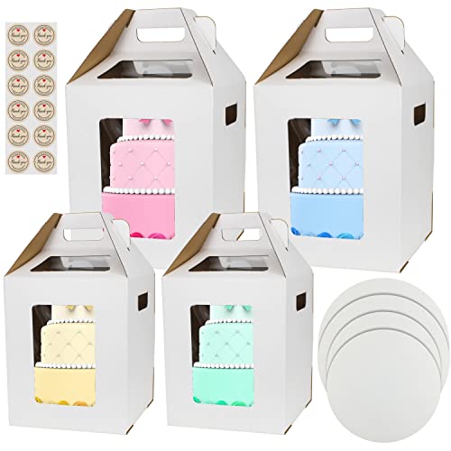 CAKINBOX Tall Cake Boxes with window and Cake Boards in 2 sizes 14x14x16 & 16x16x18 Tall Cake Carrier, Tiered Cake Box, Layer Cake Box, tier cake boxes, large cake box (PACK 4)