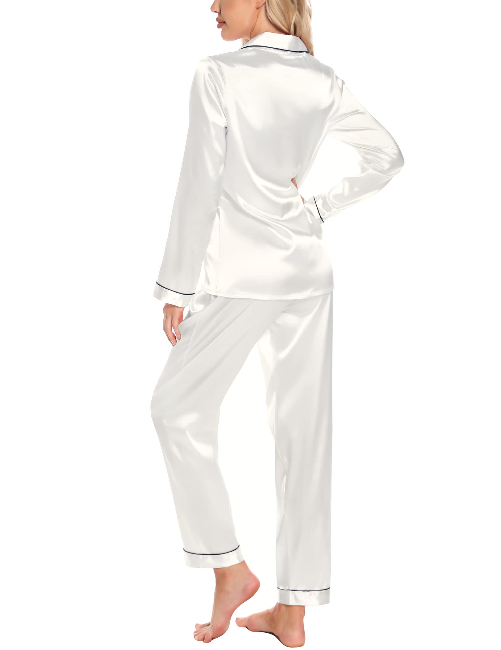 Pjmlifecoco Pj Sets for Women Silk Satin Pajama 2 Piece Long Sleeve Button Down Soft Sleep Pjs Set Sleepwear White