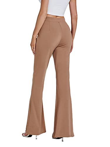 LYANER Women's Elastic High Waist Flare Leg Split Front Elegant Long Pants with Pockets Khaki X-Large