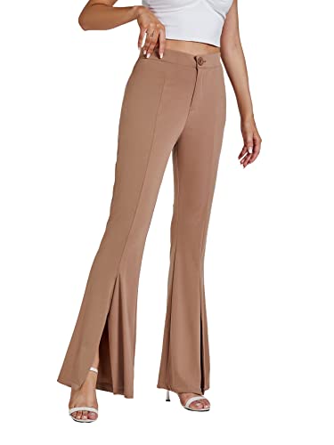 LYANER Women's Elastic High Waist Flare Leg Split Front Elegant Long Pants with Pockets Khaki X-Large