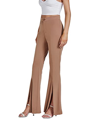 LYANER Women's Elastic High Waist Flare Leg Split Front Elegant Long Pants with Pockets Khaki X-Large