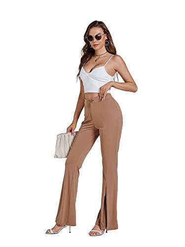 LYANER Women's Elastic High Waist Flare Leg Split Front Elegant Long Pants with Pockets Khaki X-Large