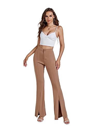 LYANER Women's Elastic High Waist Flare Leg Split Front Elegant Long Pants with Pockets Khaki X-Large