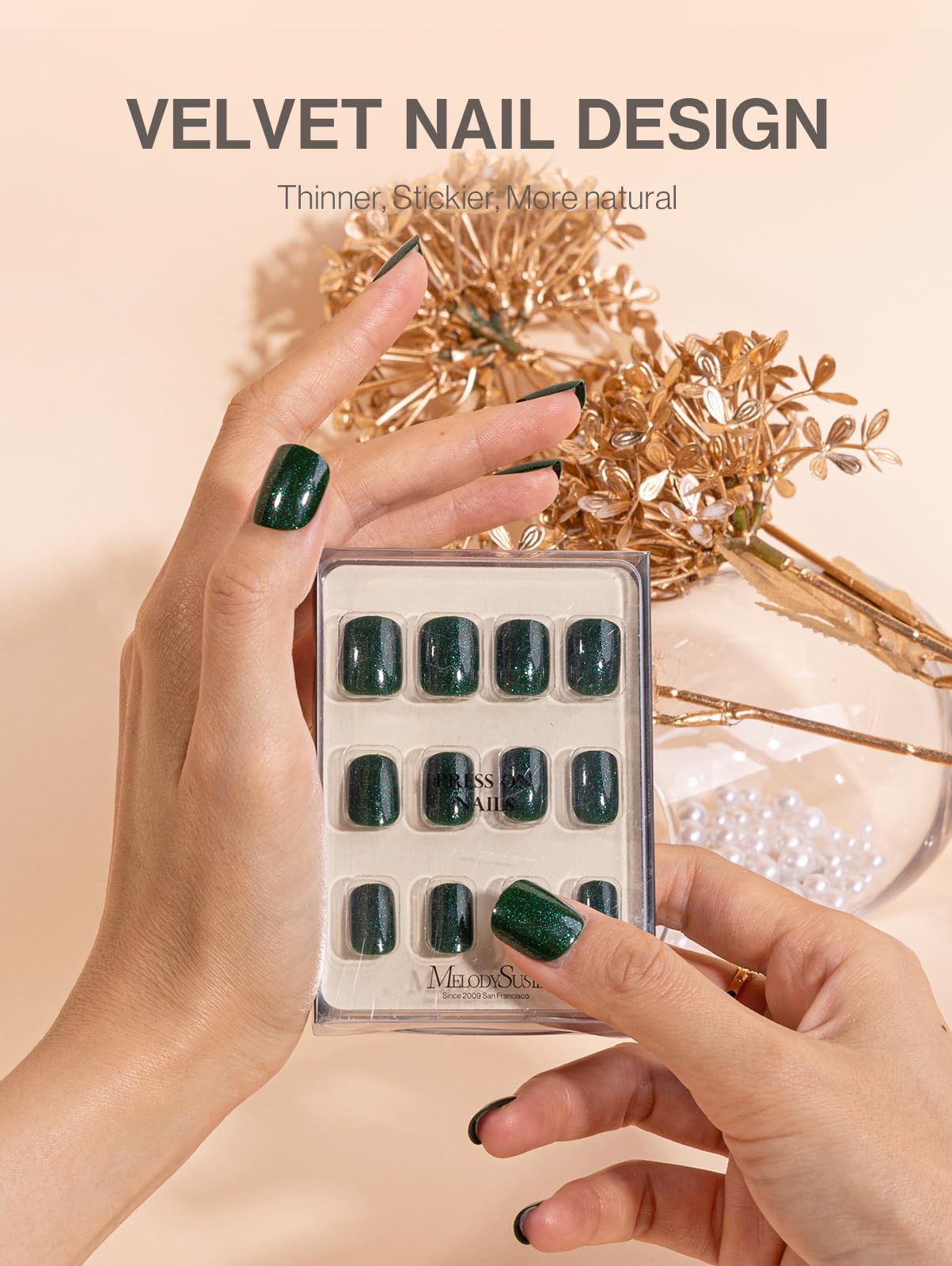 MelodySusie Press on Nails Short Square Acrylic Fake Nails Kits Press on False Supremely Fit & Natural Nails Stick On Nails in 30pcs 12Sizes Disposable Manicure for Women and Girls, Forest Green