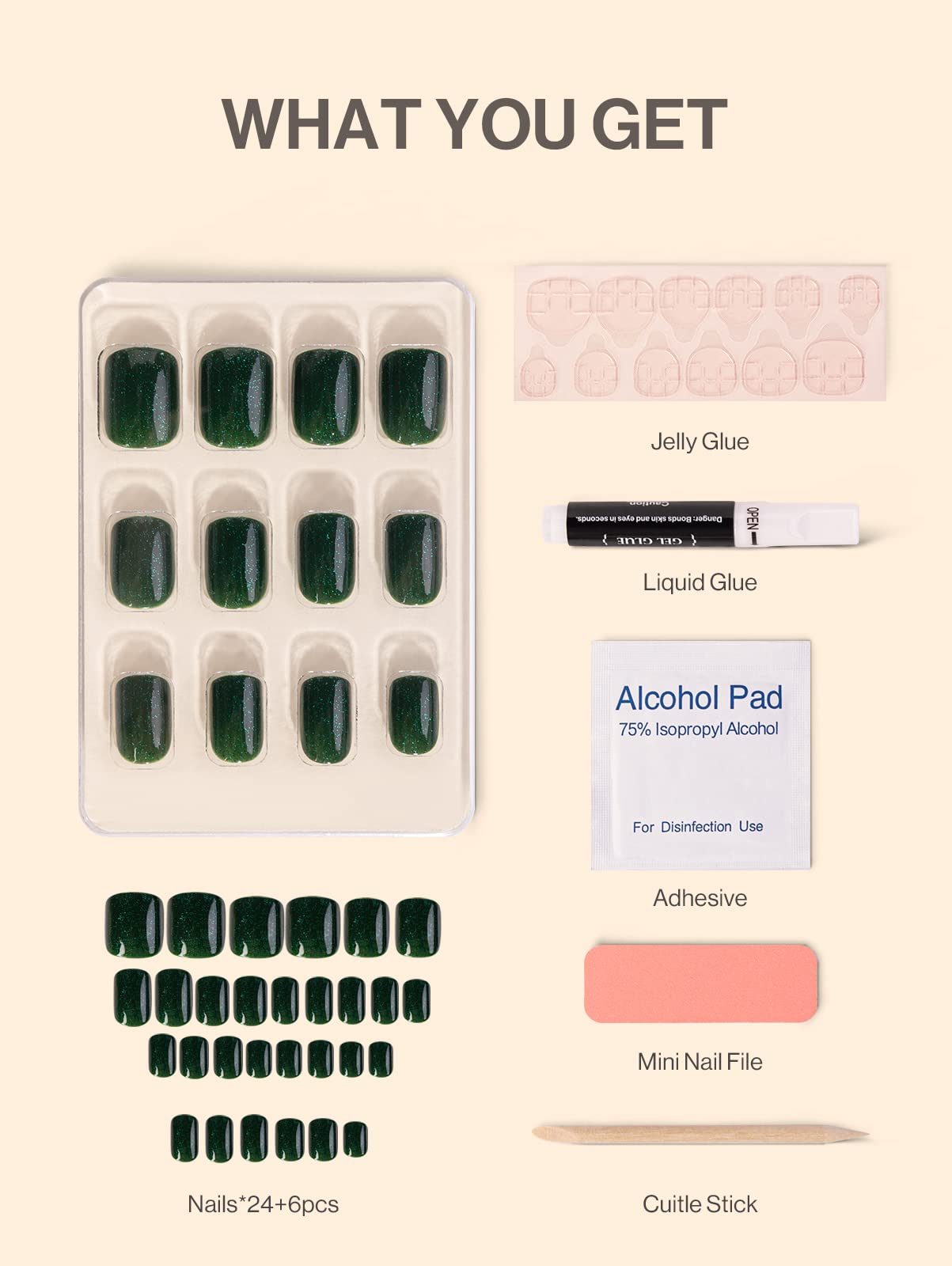 MelodySusie Press on Nails Short Square Acrylic Fake Nails Kits Press on False Supremely Fit & Natural Nails Stick On Nails in 30pcs 12Sizes Disposable Manicure for Women and Girls, Forest Green