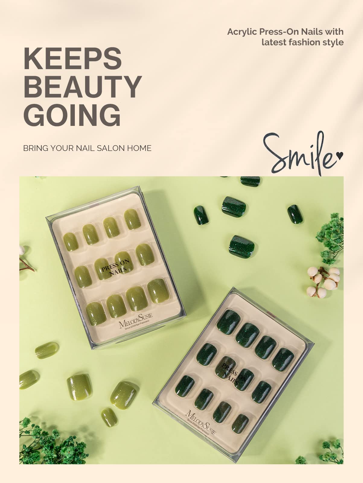 MelodySusie Press on Nails Short Square Acrylic Fake Nails Kits Press on False Supremely Fit & Natural Nails Stick On Nails in 30pcs 12Sizes Disposable Manicure for Women and Girls, Forest Green