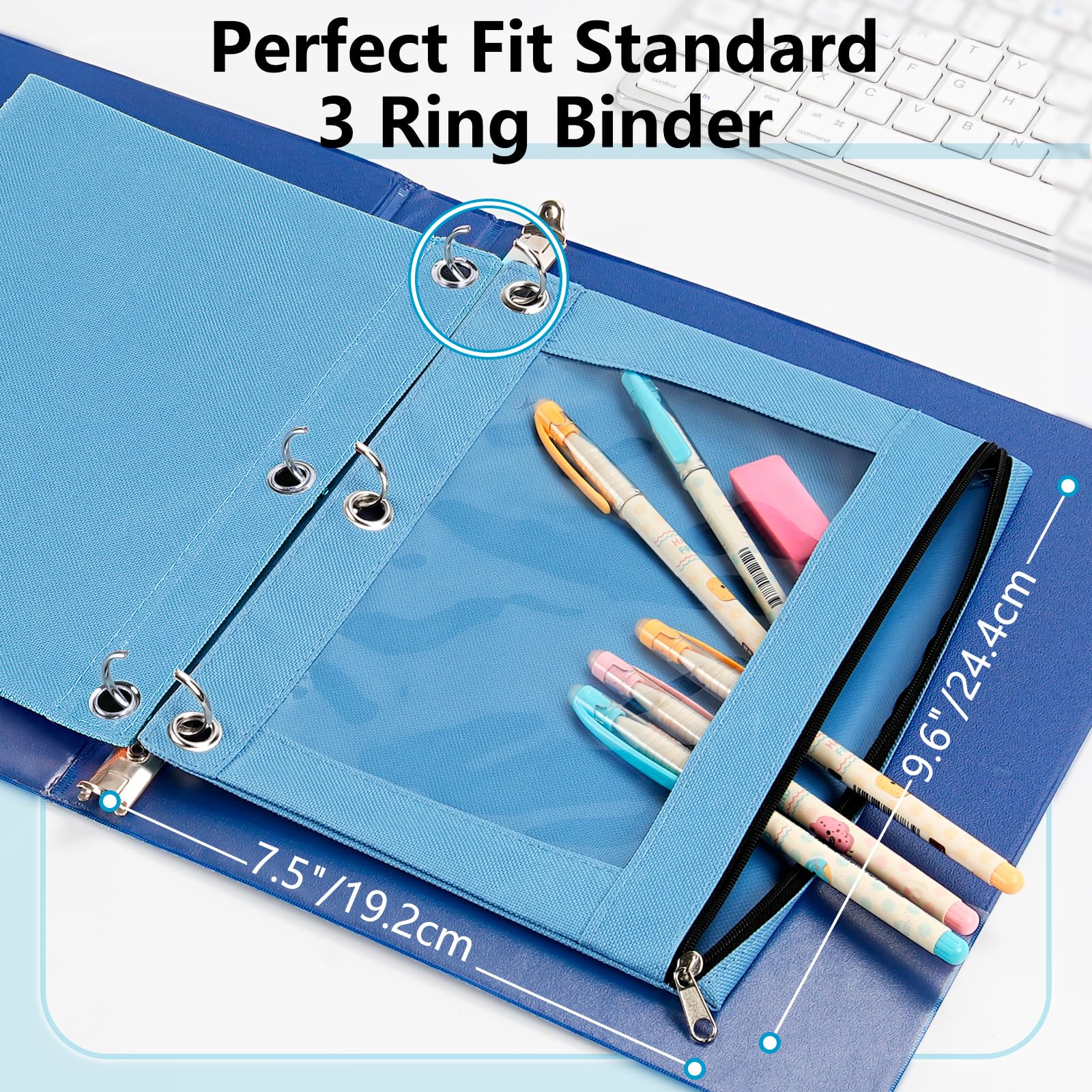 Forvencer 3 Ring Binder Pencil Pouch - Clear Window Pencil Case with Smooth Zipper, Big Capacity Pencil Bag with 3 Reinforced Grommets, Sky Blue