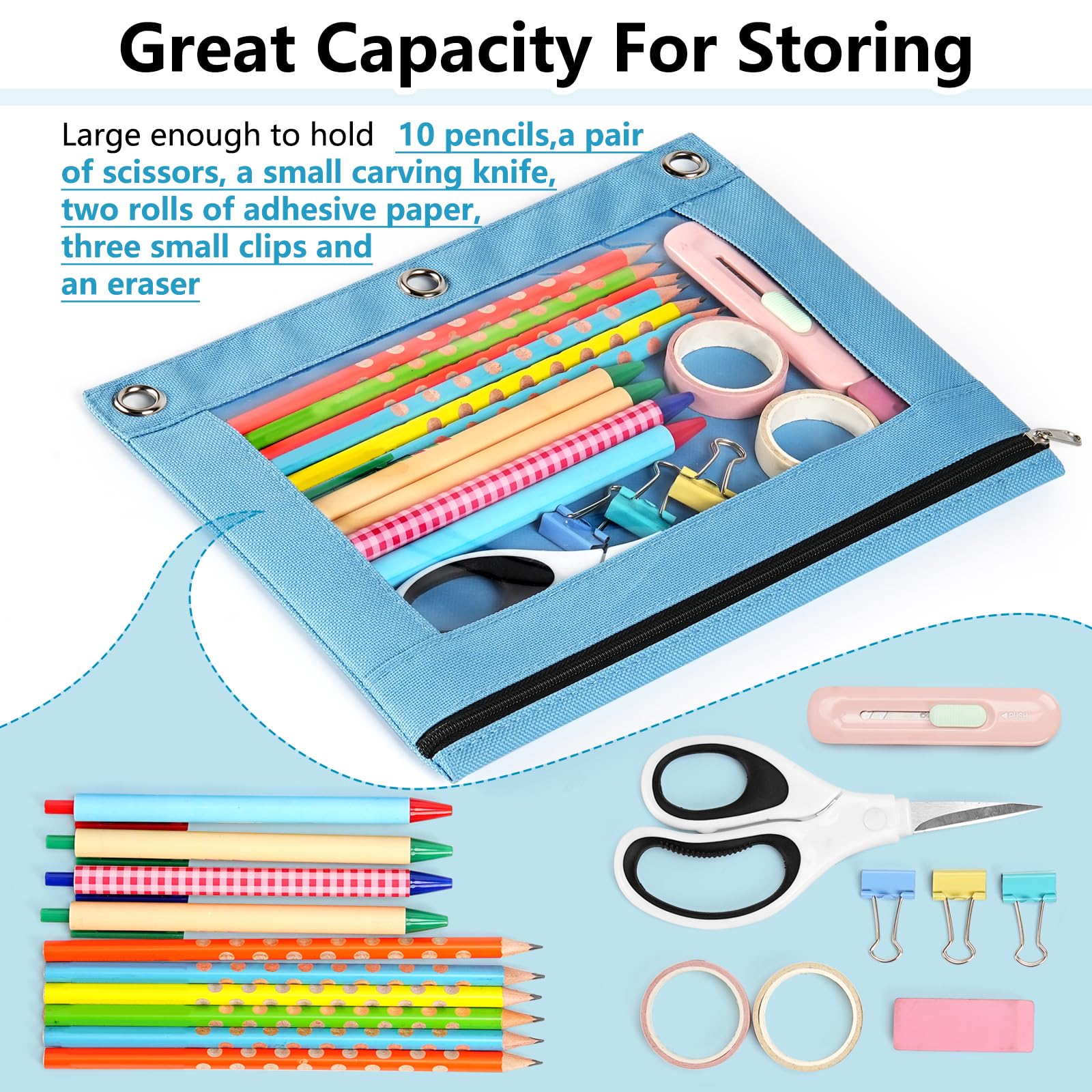 Forvencer 3 Ring Binder Pencil Pouch - Clear Window Pencil Case with Smooth Zipper, Big Capacity Pencil Bag with 3 Reinforced Grommets, Sky Blue