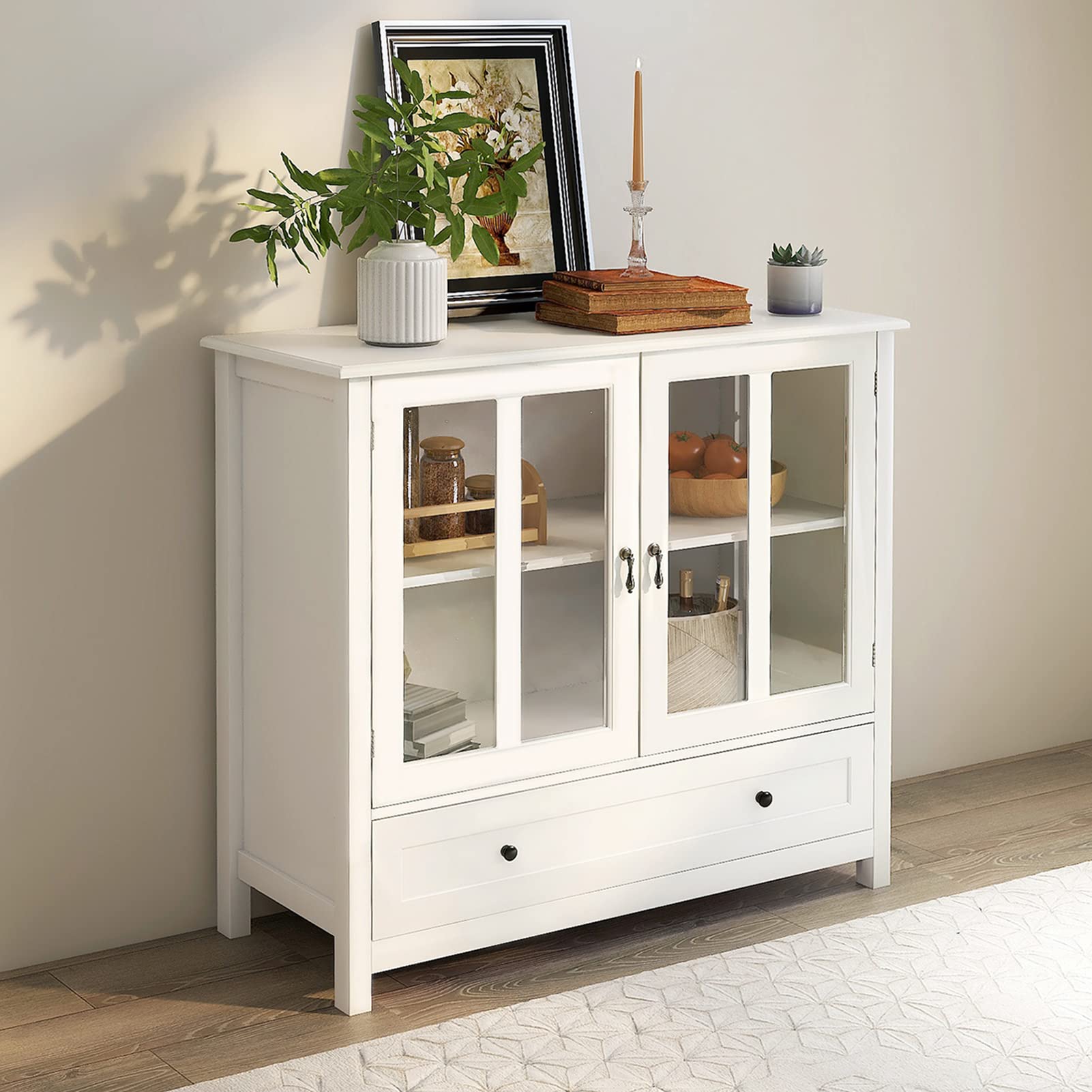 41.34 Inch Sideboard Buffet Cabinet with Double Glass Doors, Wooden Cupboard Storage Cabinet Cupboard Console Table with Drawer, for Kitchen Dining Room Hallway Entryway Living Room