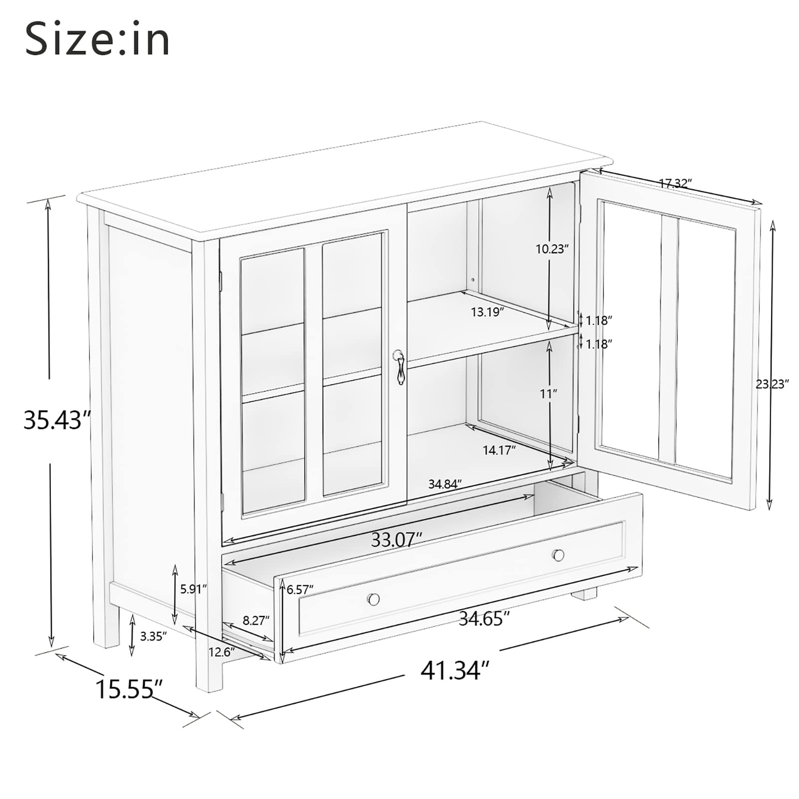 41.34 Inch Sideboard Buffet Cabinet with Double Glass Doors, Wooden Cupboard Storage Cabinet Cupboard Console Table with Drawer, for Kitchen Dining Room Hallway Entryway Living Room