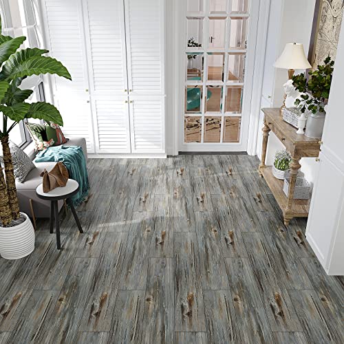 VEELIKE 12-Pack 6''x36'' Blue Reclaimed Wood Vinyl Flooring Peel and Stick Waterproof Wood Look Vinyl Plank Flooring Self Adhesive Renter Friendly Floor Stickers for Bathroom Bedroom Kitchen Basement