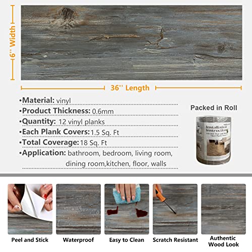 VEELIKE 12-Pack 6''x36'' Blue Reclaimed Wood Vinyl Flooring Peel and Stick Waterproof Wood Look Vinyl Plank Flooring Self Adhesive Renter Friendly Floor Stickers for Bathroom Bedroom Kitchen Basement