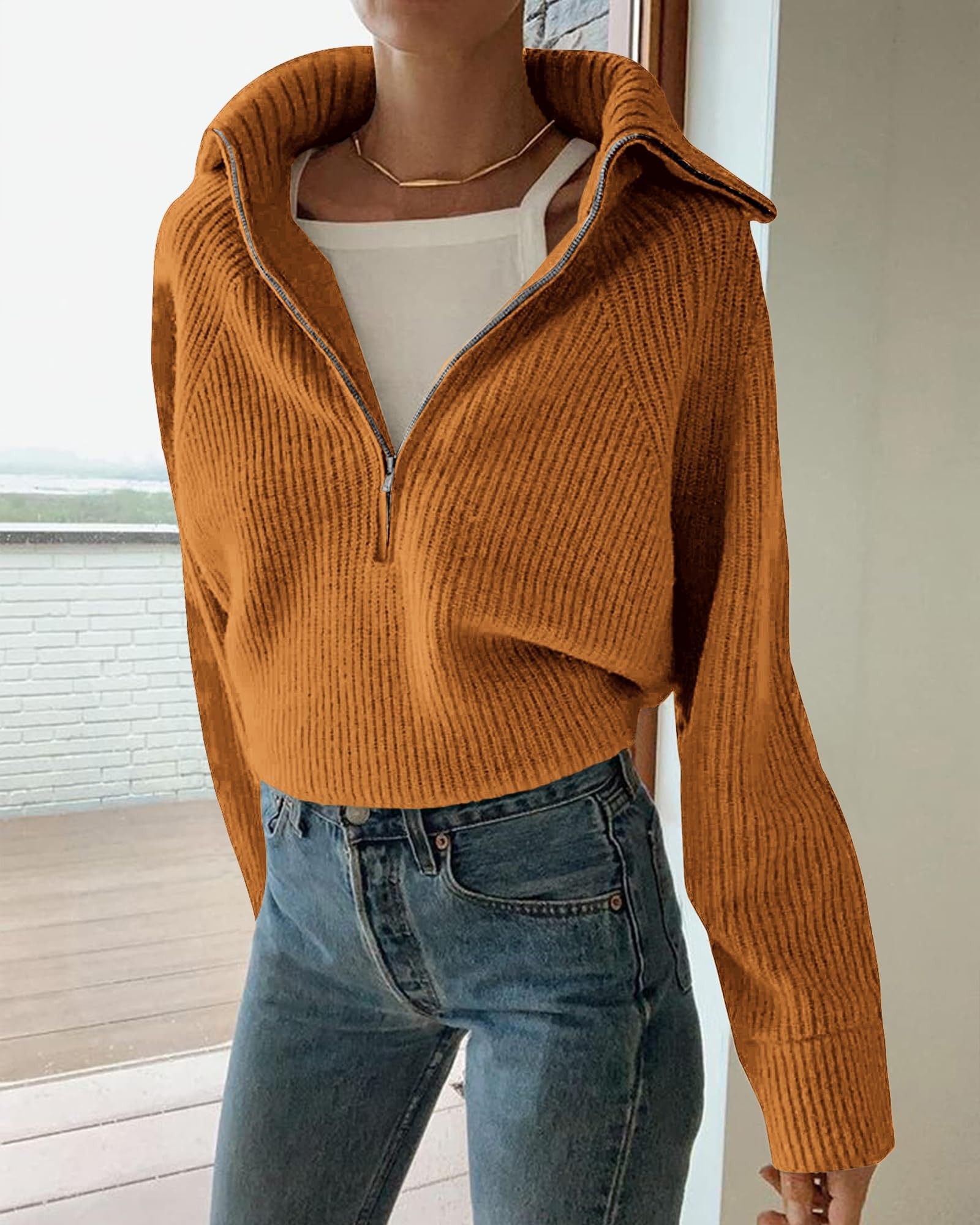 BTFBM Women’s Casual Long Sleeve Half Zip Pullover Sweaters Solid V Neck Collar Ribbed Knitted Loose Slouchy Jumper Tops(Solid Khaki, Medium)
