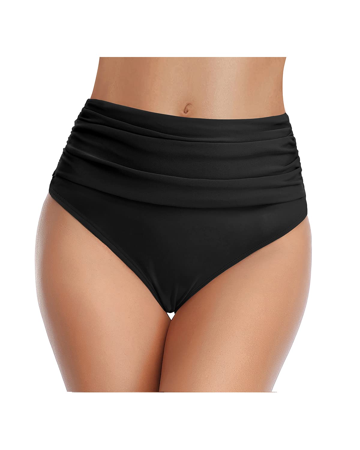 Tempt Me Women's Black High Waisted Bikini Bottom Tummy Control Ruched Bathing Suit Swim Bottom S