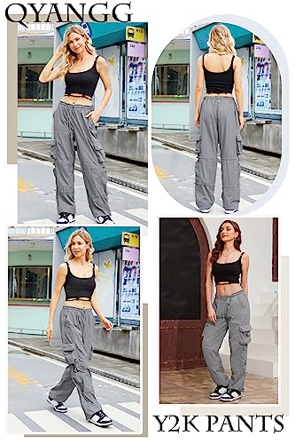 QYANGG Baggy Parachute Pants for Women& Girls Drawstring Elastic Low Waist Ruched Cargo Pants Multiple Pockets Jogger Y2K Grey
