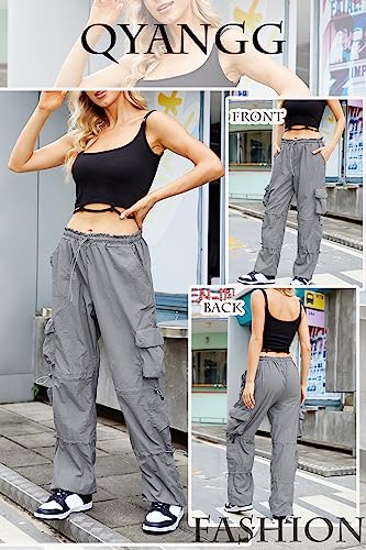 QYANGG Baggy Parachute Pants for Women& Girls Drawstring Elastic Low Waist Ruched Cargo Pants Multiple Pockets Jogger Y2K Grey