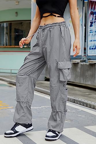 QYANGG Baggy Parachute Pants for Women& Girls Drawstring Elastic Low Waist Ruched Cargo Pants Multiple Pockets Jogger Y2K Grey