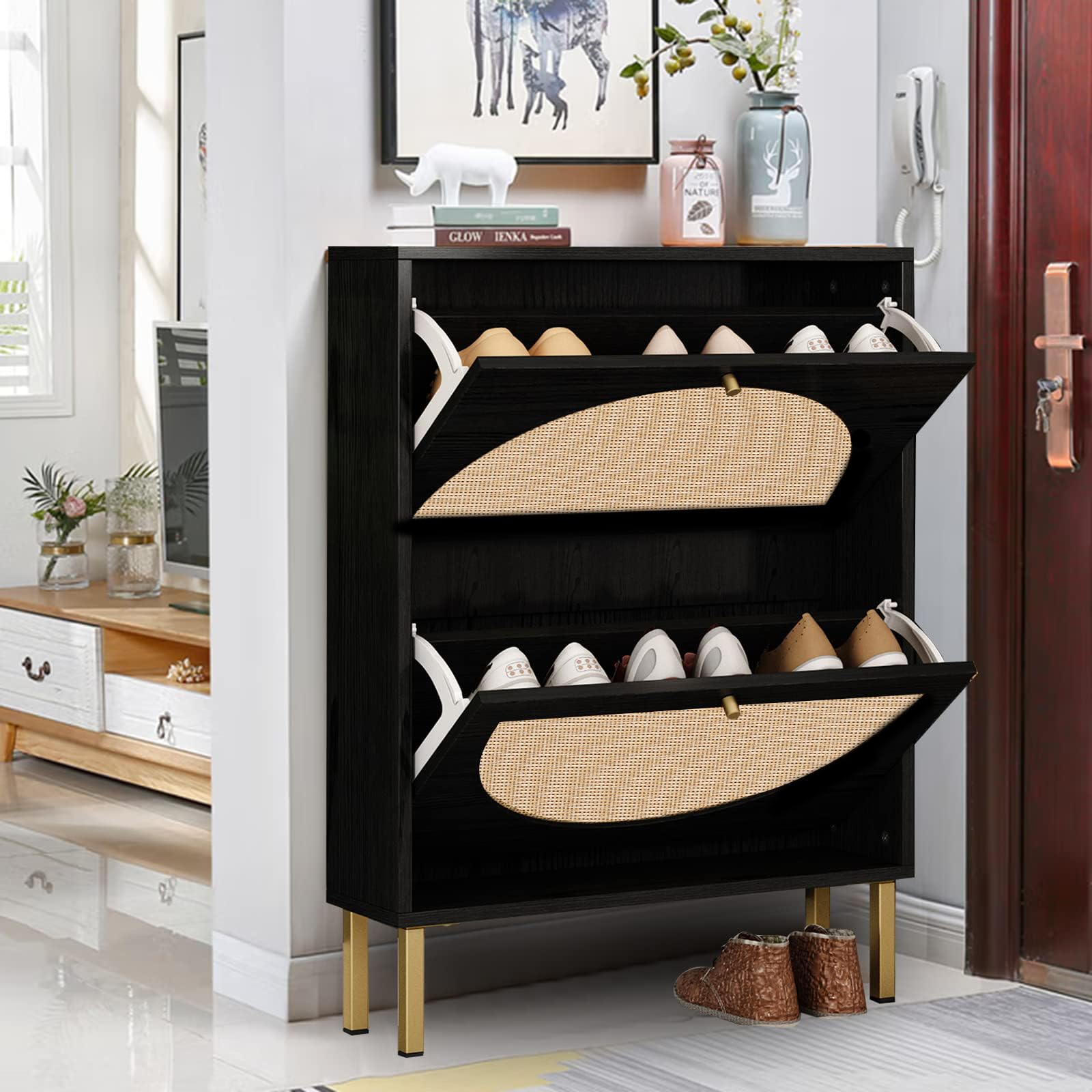Yoluckea Rattan Shoe Cabinet with 2 Flip Drawers for Entryway Modern Wooden Shoe Rack Shoe Storage Cabinet Free Standing Shoe Rack for Heels Slippers for Entryway Hallway Bedroom Small Space (Black)