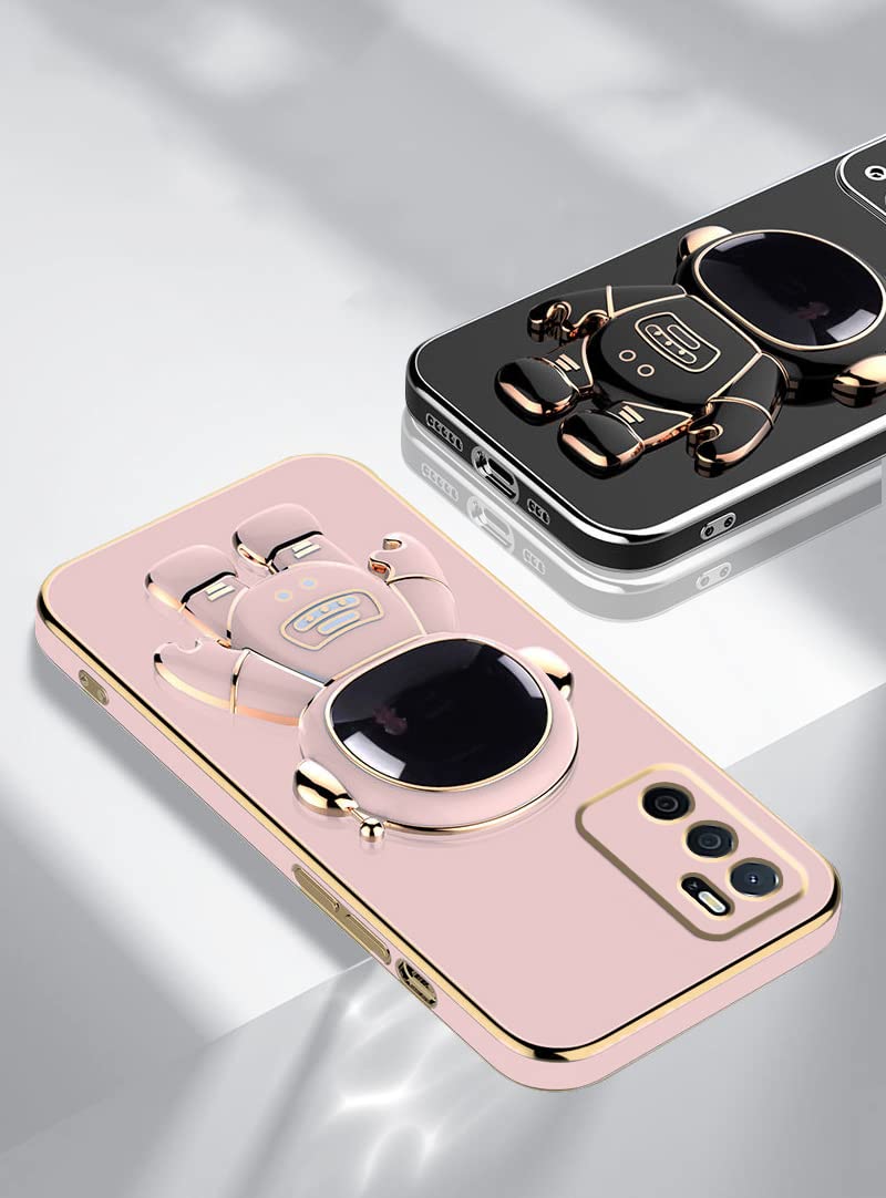 Compatible with Oppo A16 Case with Plating Creative Astronaut Cartoon Holder Pink,Oppo A16s Phone Case Silicone Shockproof Stand Soft TPU Protective Slim Cover (Pink)