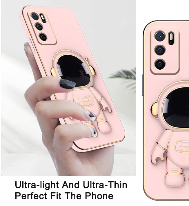 Compatible with Oppo A16 Case with Plating Creative Astronaut Cartoon Holder Pink,Oppo A16s Phone Case Silicone Shockproof Stand Soft TPU Protective Slim Cover (Pink)