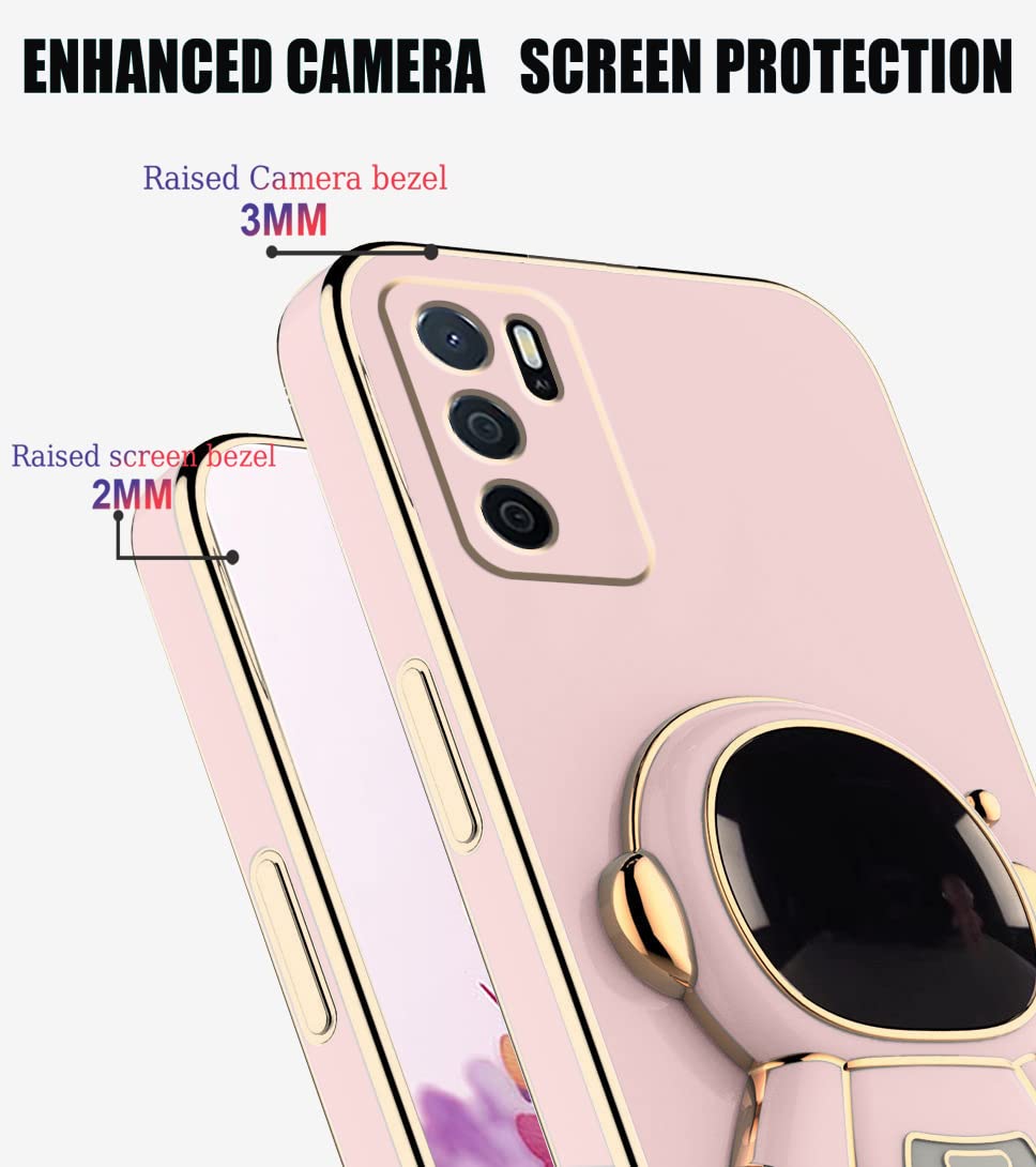 Compatible with Oppo A16 Case with Plating Creative Astronaut Cartoon Holder Pink,Oppo A16s Phone Case Silicone Shockproof Stand Soft TPU Protective Slim Cover (Pink)