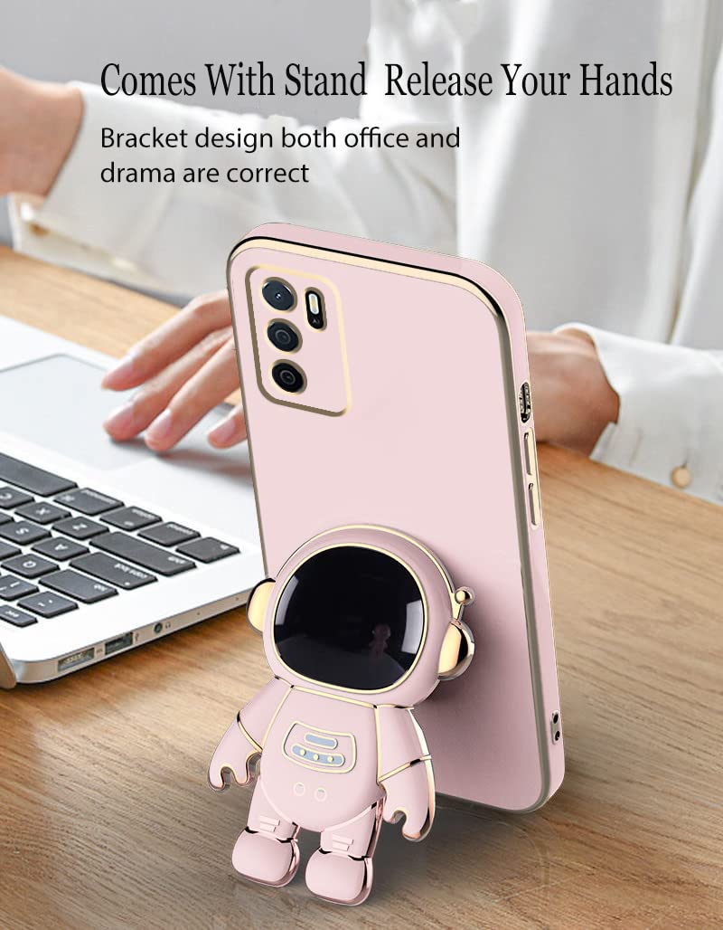 Compatible with Oppo A16 Case with Plating Creative Astronaut Cartoon Holder Pink,Oppo A16s Phone Case Silicone Shockproof Stand Soft TPU Protective Slim Cover (Pink)