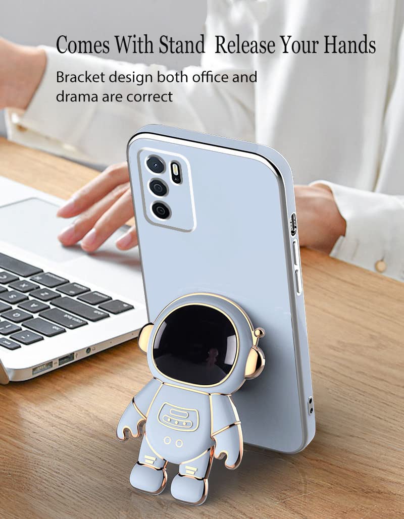 Compatible with Oppo A16 Case with Plating Creative Astronaut Cartoon Holder Pink,Oppo A16s Phone Case Silicone Shockproof Stand Soft TPU Protective Slim Cover (Blue)