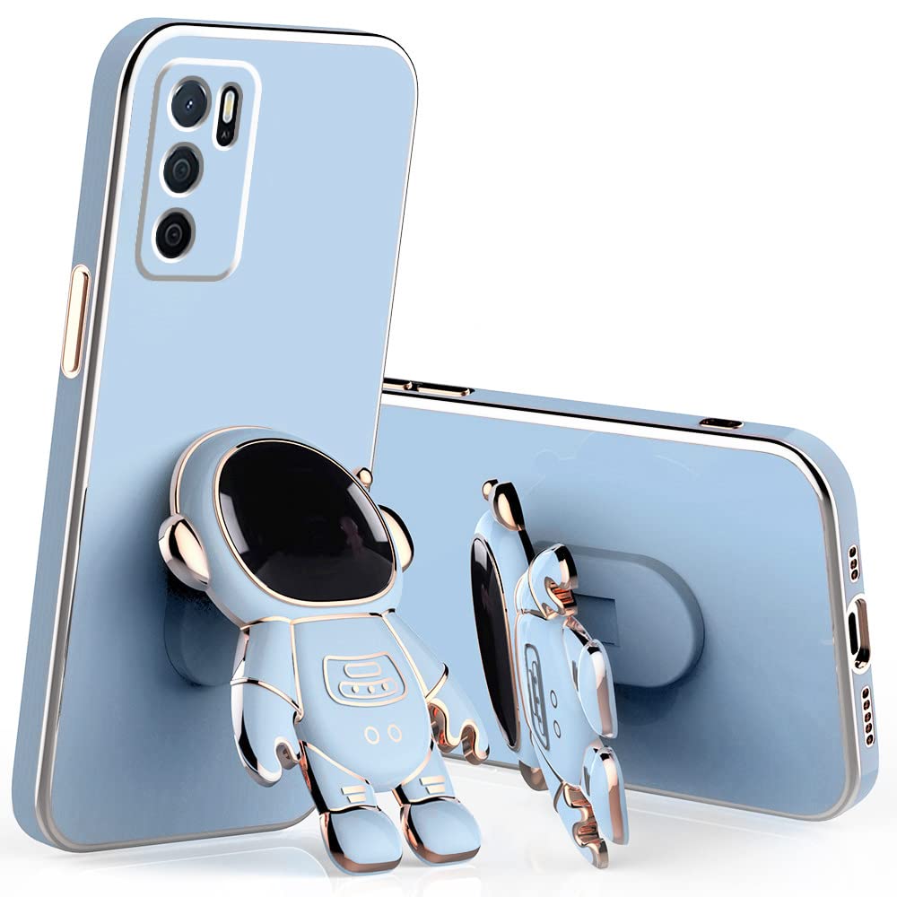 Compatible with Oppo A16 Case with Plating Creative Astronaut Cartoon Holder Pink,Oppo A16s Phone Case Silicone Shockproof Stand Soft TPU Protective Slim Cover (Blue)