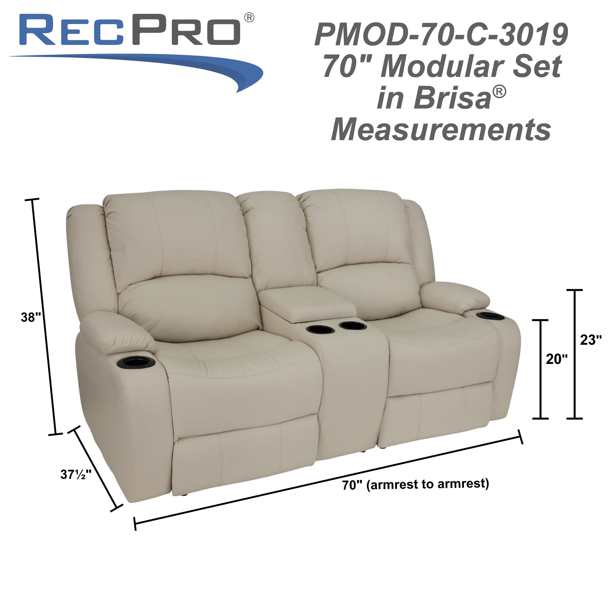 RecPro RV 70" Powered Sofa Recliner & Console | Loveseat with Cupholders | Ultrafabrics Brisa (Birch)