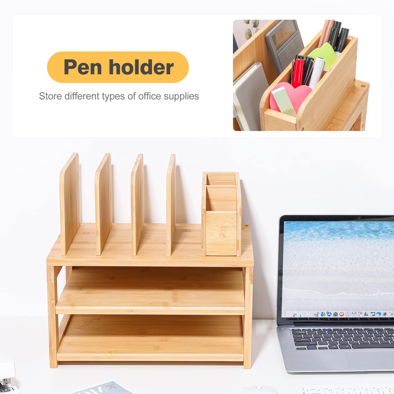 Homde Bamboo Desk Organizer with File Holder, Office Organization for Desks with Adjustable Pen Holding, Desktop Letter Paper Tray Storage for Workplace Home School (3-Tier,Natural)