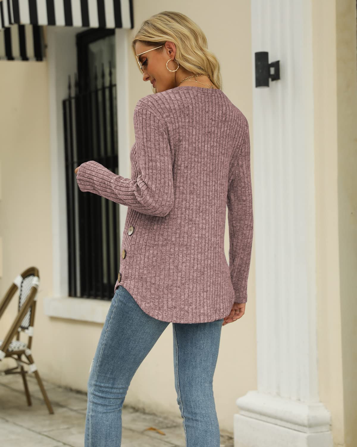 Womens Tops Long Sleeve Shirts V Neck Sweatshirts Fall Outfits Fashion 2023 Ladies Sweaters Pink Large