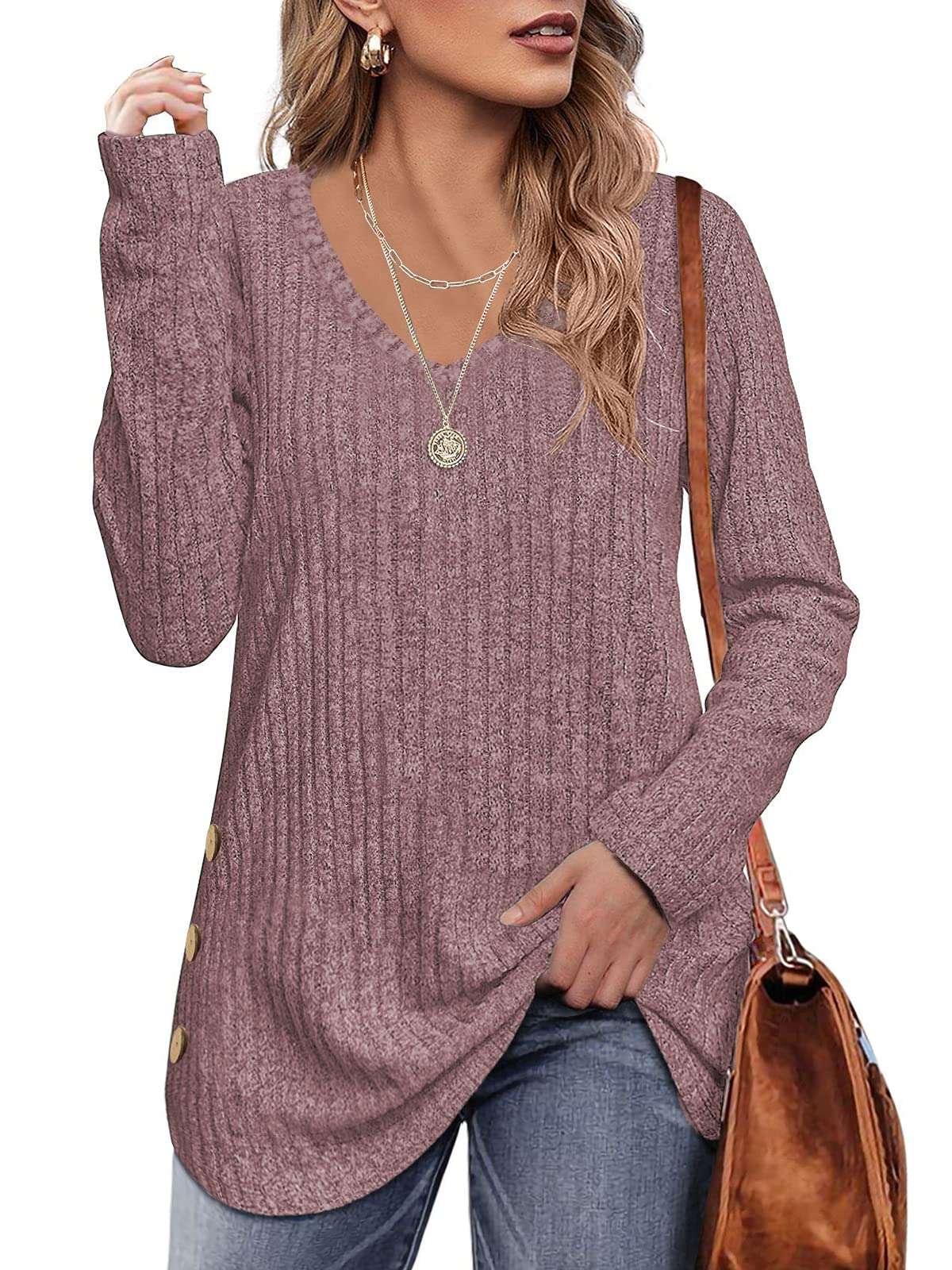 Womens Tops Long Sleeve Shirts V Neck Sweatshirts Fall Outfits Fashion 2023 Ladies Sweaters Pink Large