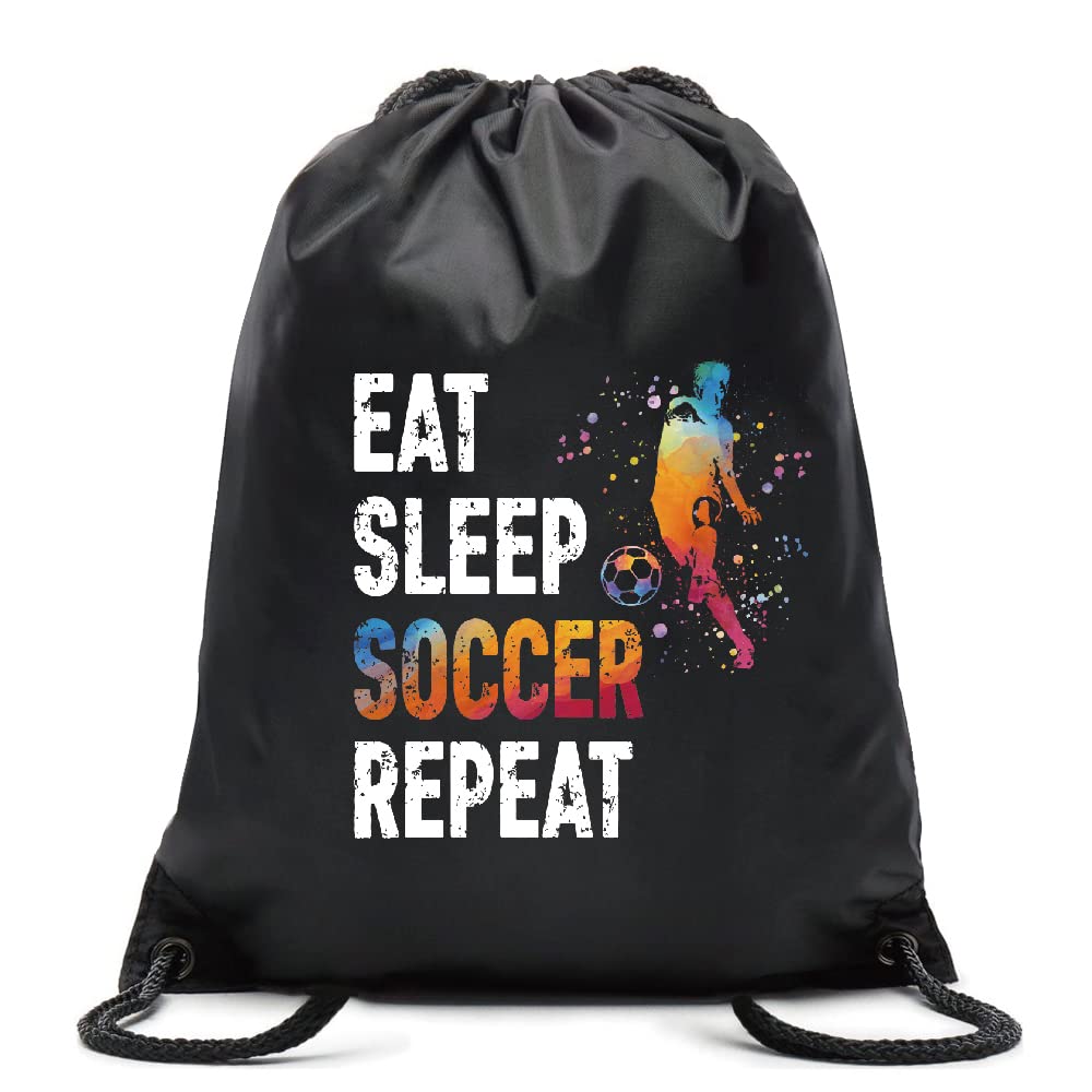 Pishovi Eat Sleep Soccer Repeat Drawstring Waterproof Backpack, Sports Bag for Men & Women, Perfect Soccer Player Gift
