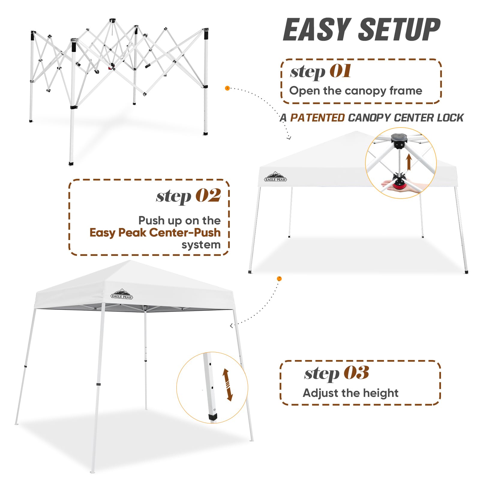 EAGLE PEAK 8x8 Slant Leg Pop-up Canopy Tent Easy One Person Setup Instant Outdoor Beach Canopy Folding Portable Sports Shelter 8x8 Base 6x6 Top (White)